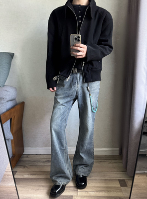 ASCA 复古水洗做旧深蓝微喇修身竹节纹路DirtyFit宽松牛仔裤长裤