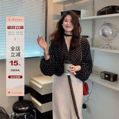 Echoone黑底白点波点上衣