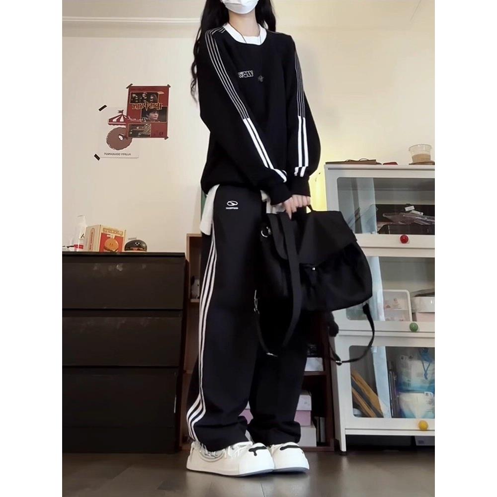 英国DGKP运动服套装女秋季学生条纹卫衣长裤跑步休闲两件套