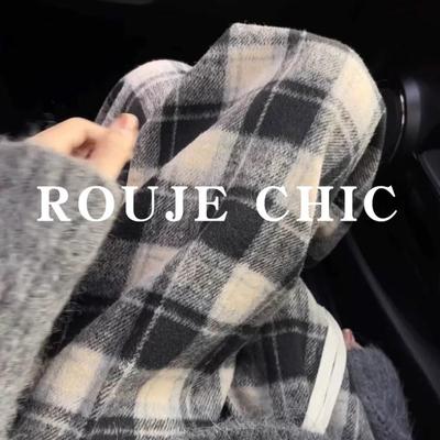 法国rouje chic撞色加绒毛呢格子裤女秋冬复古慵懒加厚宽松阔腿裤