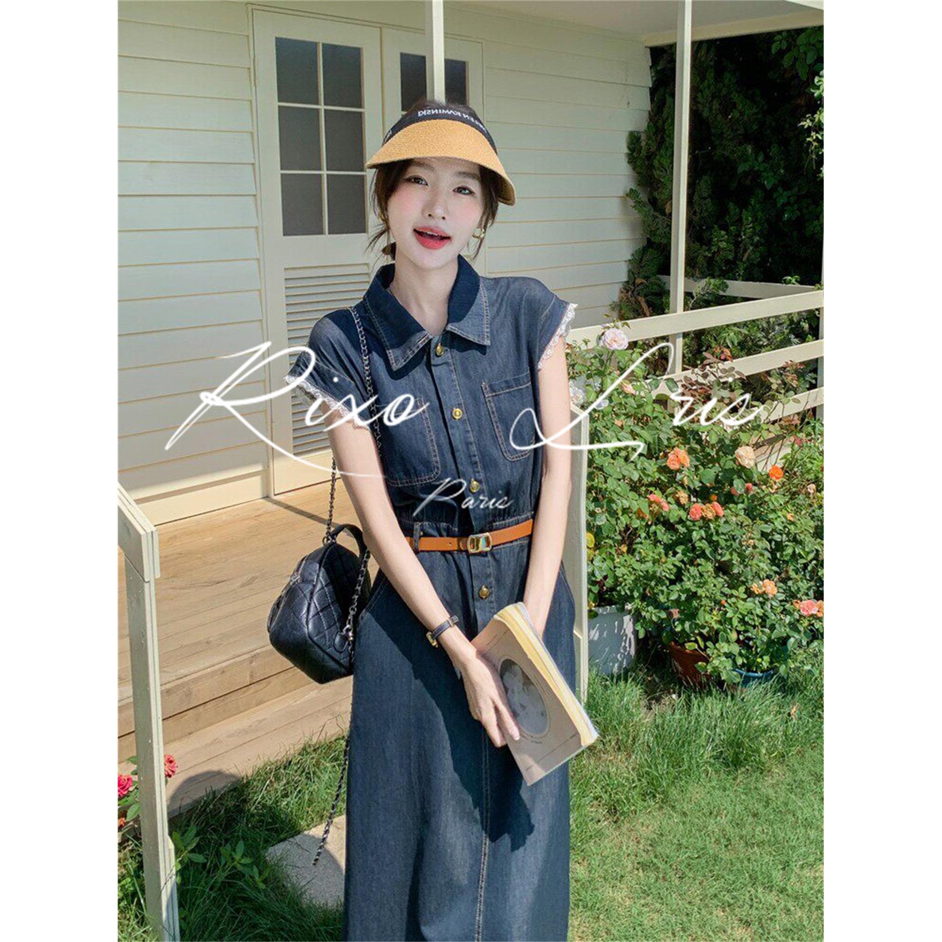 RIXO LRIS法式蕾丝拼接牛仔连衣裙女夏收腰气质高级感显瘦长裙子