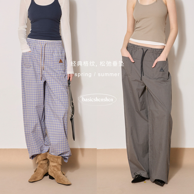 basicshenshen格纹抽绳直筒裤女