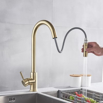 Kitchen Faucet Brushed Gold Pull Out Kitchen Sink Water Tap