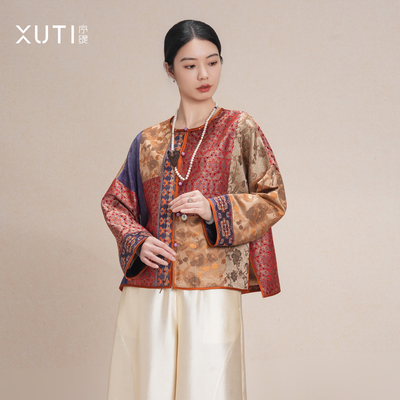 新中式不对称拼接桑蚕丝盘扣上衣