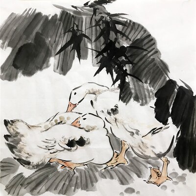 水墨画鹅国画3183四尺斗方无款手绘玄关墙画客厅装饰宣纸画芯中式