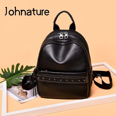 Johnature Korean Fashion First Layer Cowhide Women Backpack