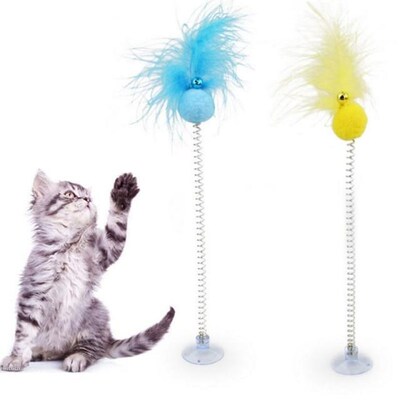 Funny Cat Spring Feather Plush Bell Ball Bottom Sucker Toys