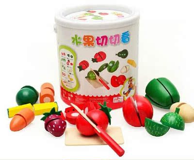 Supply of wooden barreled vegetables and fruits cut to see