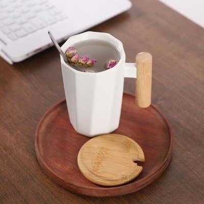 380ml Wood Handle Ceramic Coffee Mug Creative Polygonal Offi