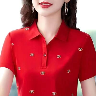 2025夏季新款翻领短袖t恤女士polo衫减龄妈妈高档宽松显瘦休闲衫