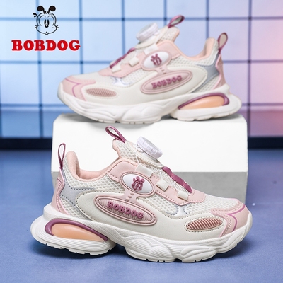 巴布豆女童跑步鞋2025冬季新款网面透气男童中大童旋转纽扣运动鞋