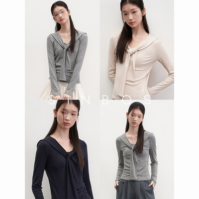 sinbos衔玉 2025秋季新款T恤女高弹羊毛混纺海军领设计打底衫短款