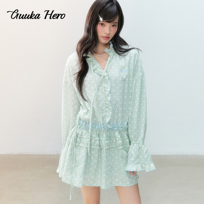 GUUKAHERO碎花A字立领花边连衣裙