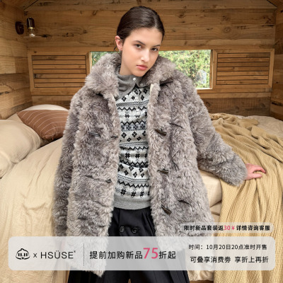 HSUSE曙色牛角扣保暖仿毛皮外套