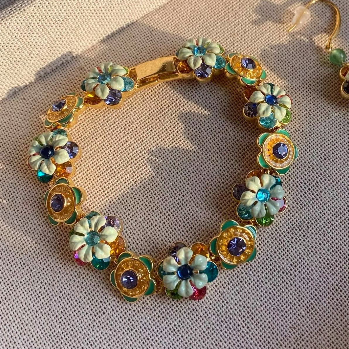 【西西里花园】中古vintage复古珐琅釉彩色镶钻花朵手链2026新款