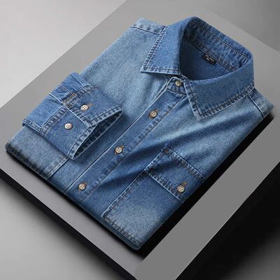 New Autumn Cotton Denim Shirts Men Slim Fit Smart Casual Sol