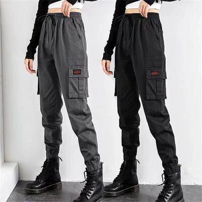 Black Cargo Pants Women Couple Hip Hop Jogger High Waist  Fe