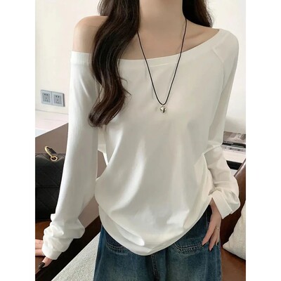 Oversize Off shoulder Long sleeve T shirt Women Solid color