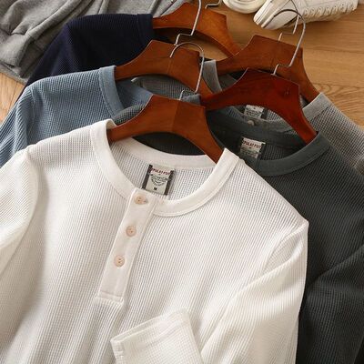 Men's Waffle Knit T-Shirt Long Sleeve Henry Collar Solid Col