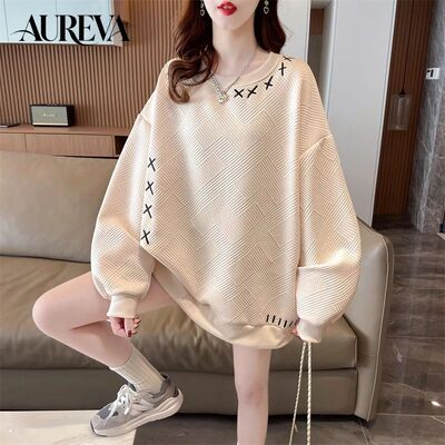 Women's Korean Style round Neck Waffle Pattern Sweatshirt Ea
