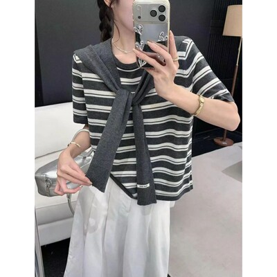 Women Striped Knit T-shirt With Attached Shawl Short Sleeve