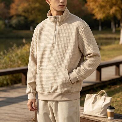 Men Waffle Knit Half Zip Sweatshirt Stand Collar Loose Fit L