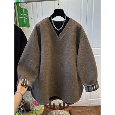 SuperAen V-neck Thickened Solid Color Woolen Sweatshirt for