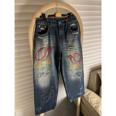 Parisian Sle Heavy Embroidery Rhinestone Denim Jeans Men's L
