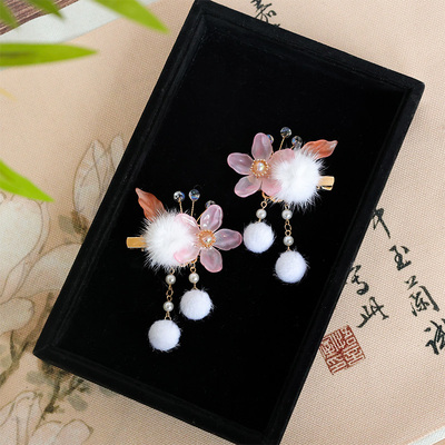 国古风毛球花朵发夹汉服头饰可爱毛绒儿童流苏明宋制掩鬓边夹配饰