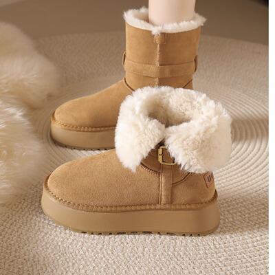 AUMU厚底两穿雪地靴女款短靴冬季皮毛一体加绒加厚保暖东北棉鞋子