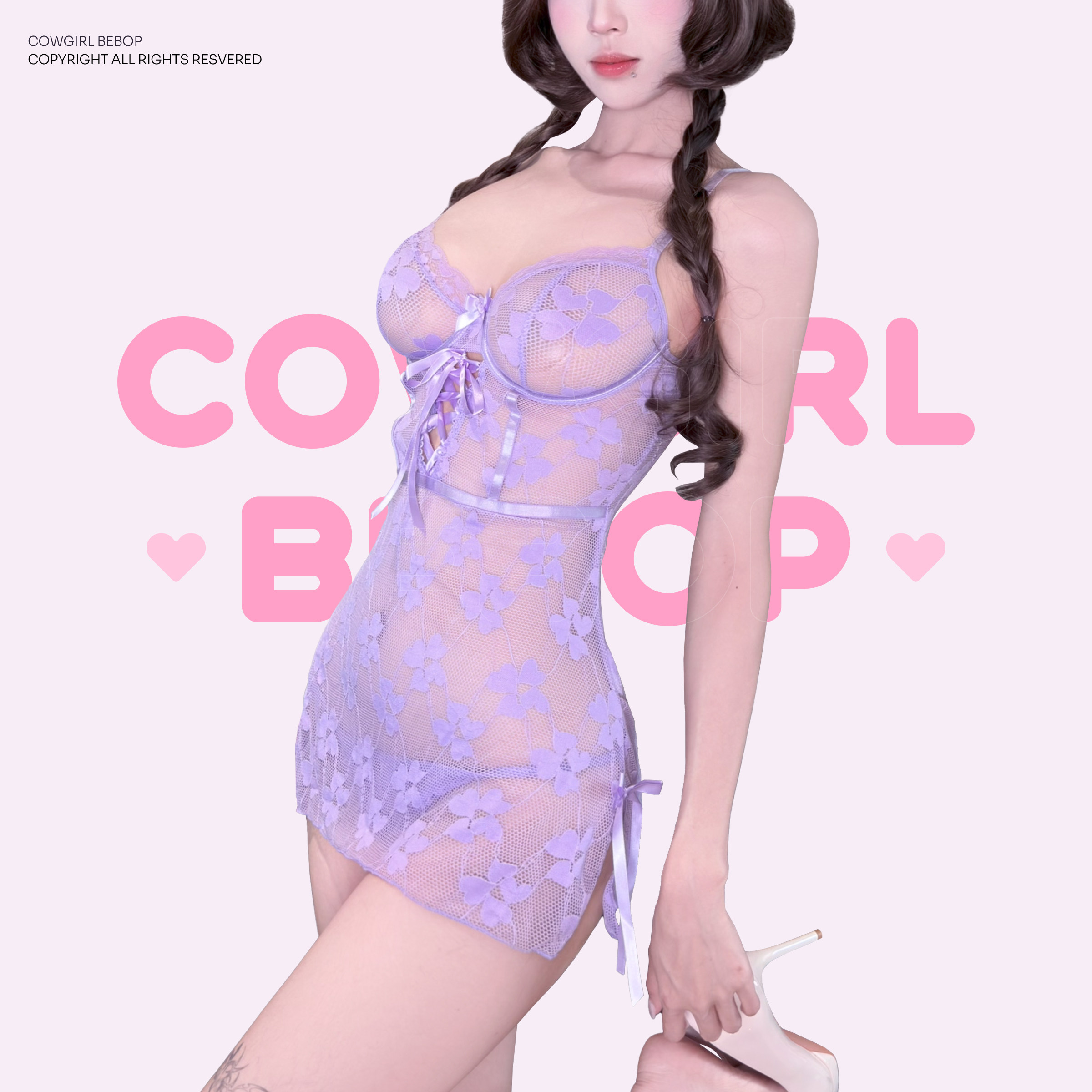 性感蕾丝文胸透视女钢圈碎花吊带便携蝴蝶结超短半透紫色内衣套装