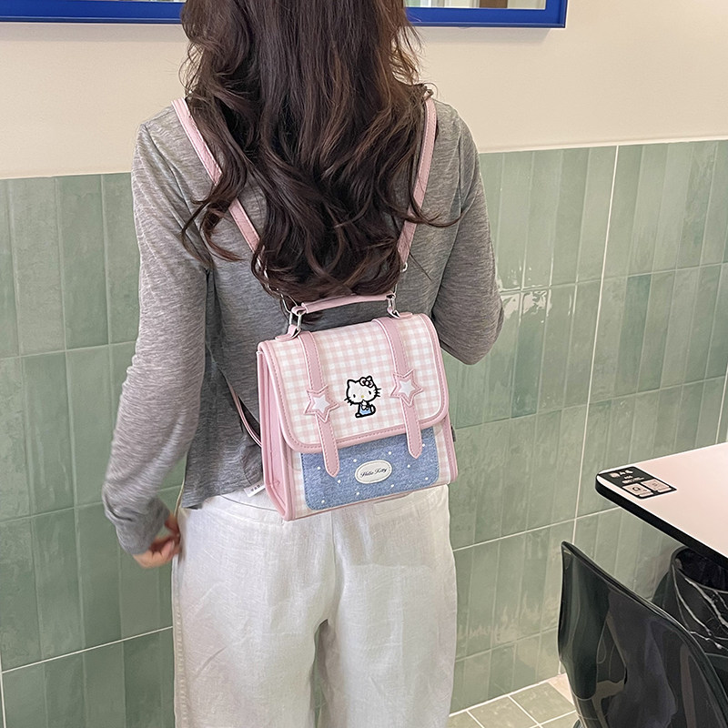 可爱卡通猫咪学院风双肩包包女2026年小众设计单肩斜挎手拎小方包