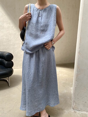司南 轻氧松弛感 100亚麻简约风无袖背心半身裙两件套装 SN8938