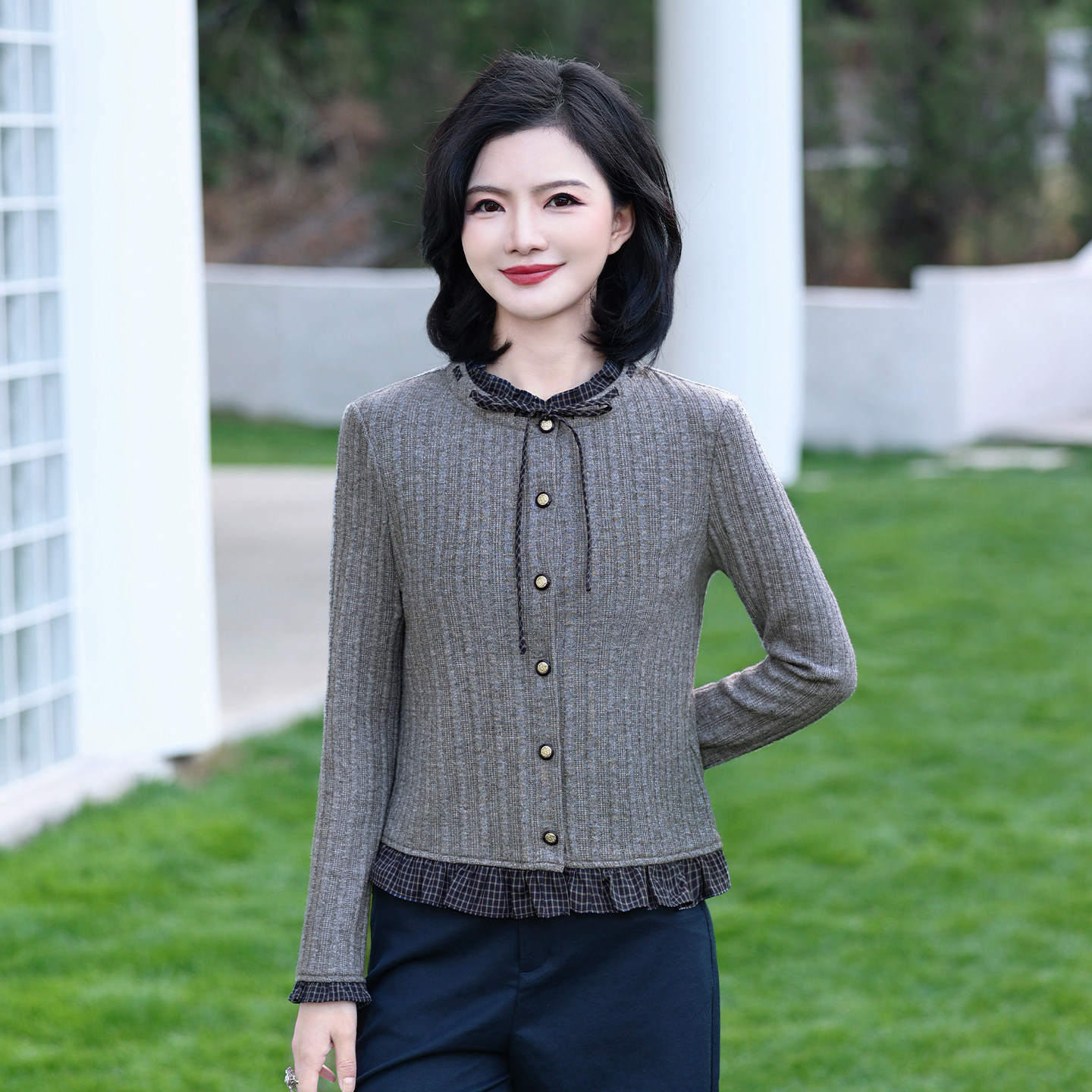 【假两件衬衫】枫竺阿楠anan木耳边拼接系带领长袖梭织衬衣女春季
