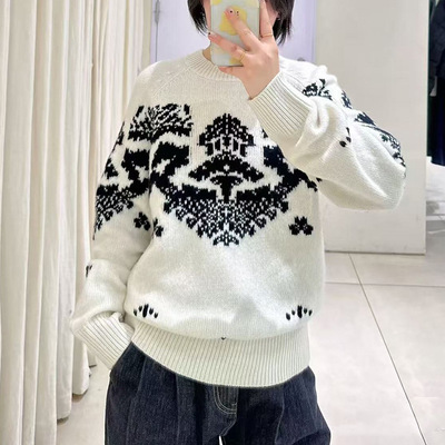 2025冬季新款女装宽松费尔岛毛衣套头针织衫红色上衣 EBE4SWT041