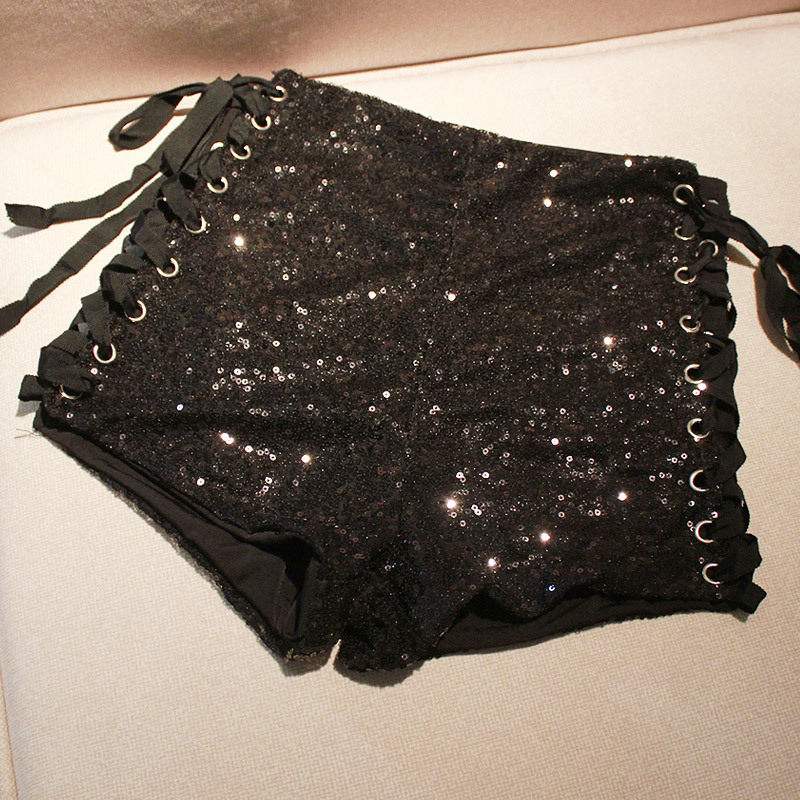 High waisted lace cut out sequin shorts高腰绑带镂空亮片短裤