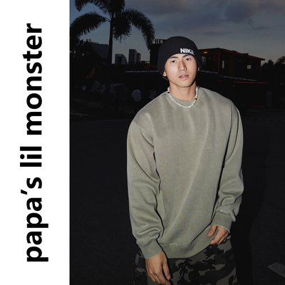 PAPASLILMONSTER【轻奢极简】美式复古圆领打底衫男长袖套头卫衣