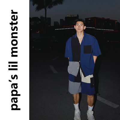 PAPASLILMONSTER美式夏季小众解构嘻哈短袖衬衫套装撞色短裤潮