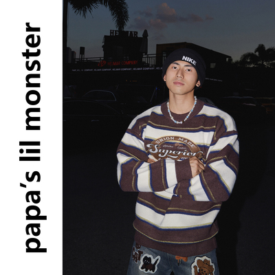 PAPASLILMONSTER【撞色条纹】美式复古刺绣字母松弛感针织毛衣男