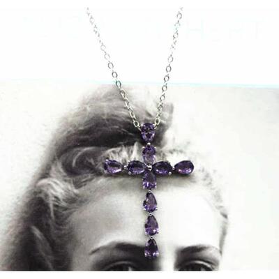 Silver Plated Amethyst Natural Color Stone Cross Pendant Nec
