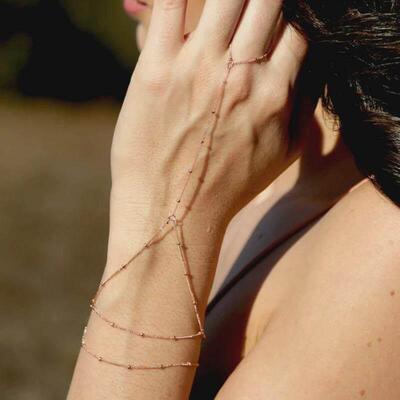 Dainty Hand Chain Bracelet Ring Gold Plated Handmade Link