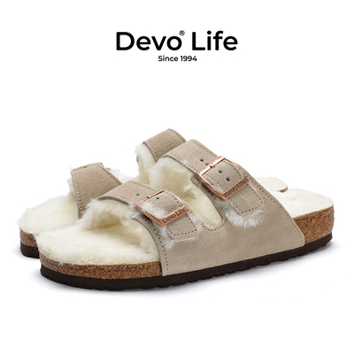 Devo女外穿加绒保暖软木一字拖