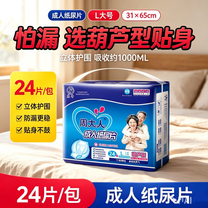 周大人成人纸尿片L大号直条型男女老人护理瞬吸防漏不反渗隔尿片