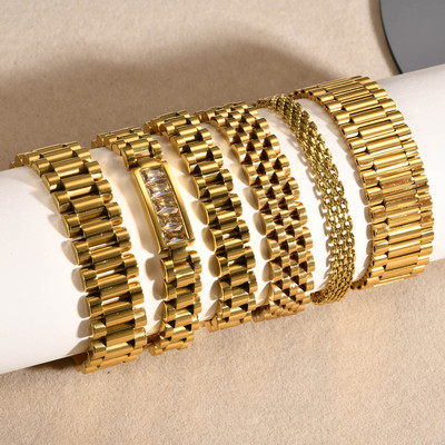欧美 不锈钢真空电镀NIS风 时尚弯牌表带手链女18K金色bracelets