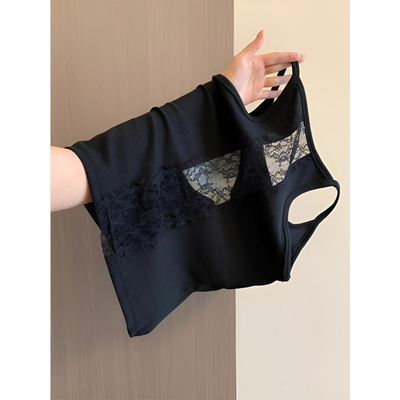 胖mm黑色蕾丝吊带背心女