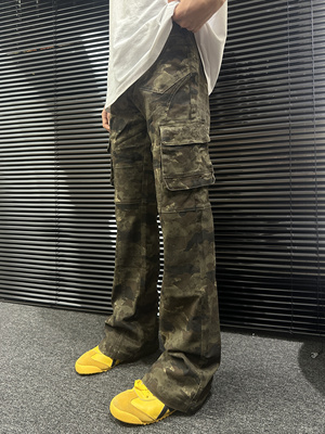 E23 美式复古迷彩多口袋修身工装牛仔裤男女同款潮牌显瘦微喇长裤