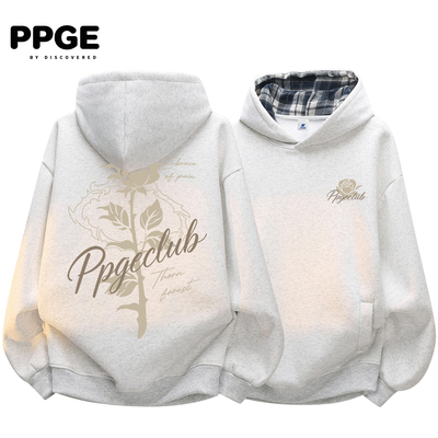 PPGE连帽长袖卫衣男秋冬季休闲简约百搭亲肤正品华棉格子套头上衣