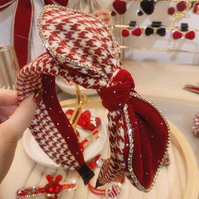 新年红色兔耳朵头饰秋冬蝴蝶结千鸟格宽边压发卡头箍发捆不勒发箍