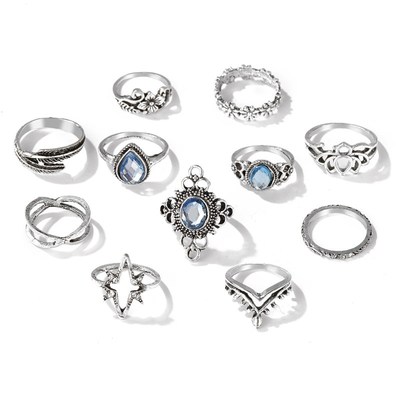 极速rings women 11pcs set 雕花镶钻星空宝石树叶V复古关节戒指1