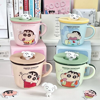 Crayon Shin chan Ceramic Mug with Lid Spoon High Beauty Milk Scale Cup Couple Coffee Breakfast Cup